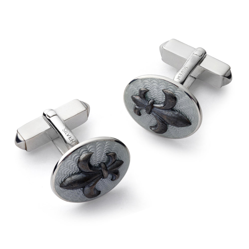 Fleur De Lys Sterling Silver Cloisonne Cufflinks In Grey | Luxury ...